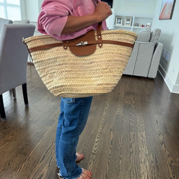 Handmade Large Straw French Baskets With Leather Straps, Straw Basket ...