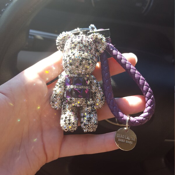Cute Car Accessories Bear Keychain Purple Rhinestone Bear Bag Charm Key ...