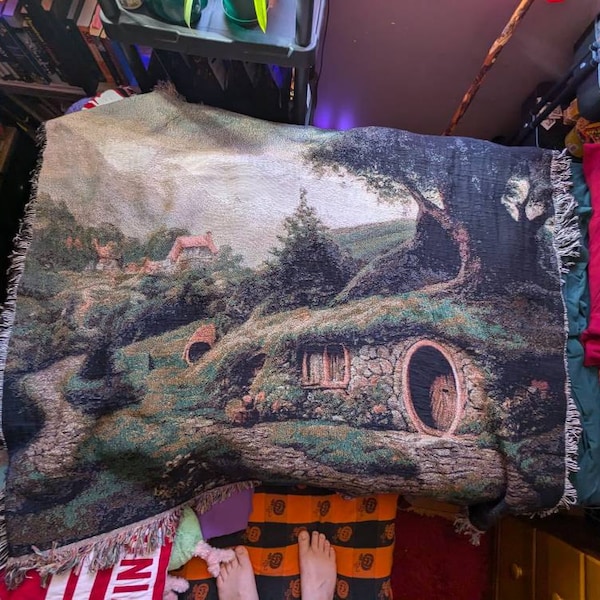The Shire Hobbit House Landscape Oil Painting Woven Tapestry Throw ...