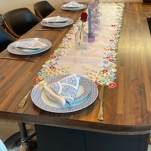 Pink Green Gold White Floral Embroidery Short Oval Table Runner Cutwork ...