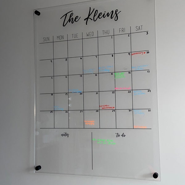 Dry Erase Acrylic Calendar, Personalized With Family Name, Clear ...