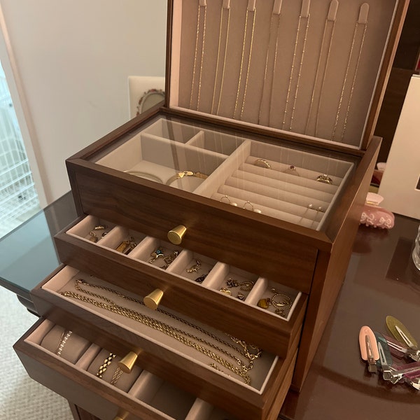 Lockable Walnut Wood Jewellery Box, Large Jewelry Box for Earring ...