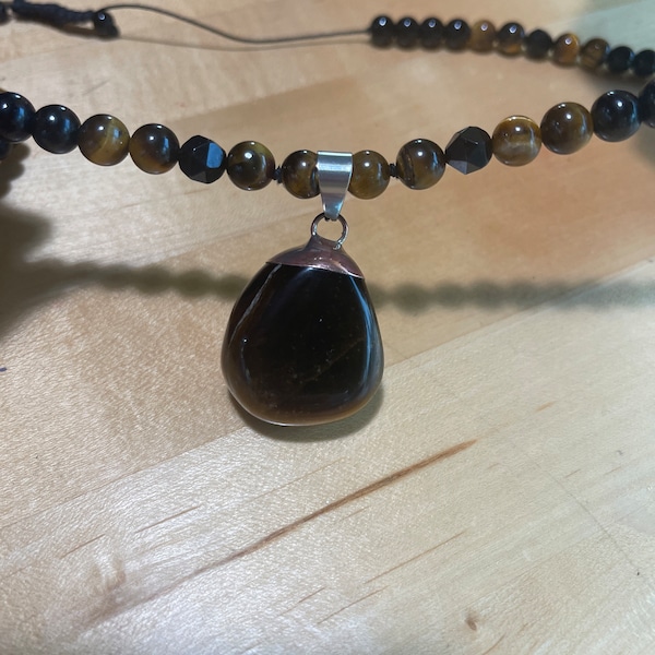 Men's Protection Necklace Big Raw Tiger Eye Pendant Beads Necklace ...