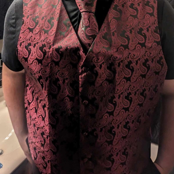 Burgundy Wine Black Paisley Men's Vest Longtie and Pocket Square 3pcs ...