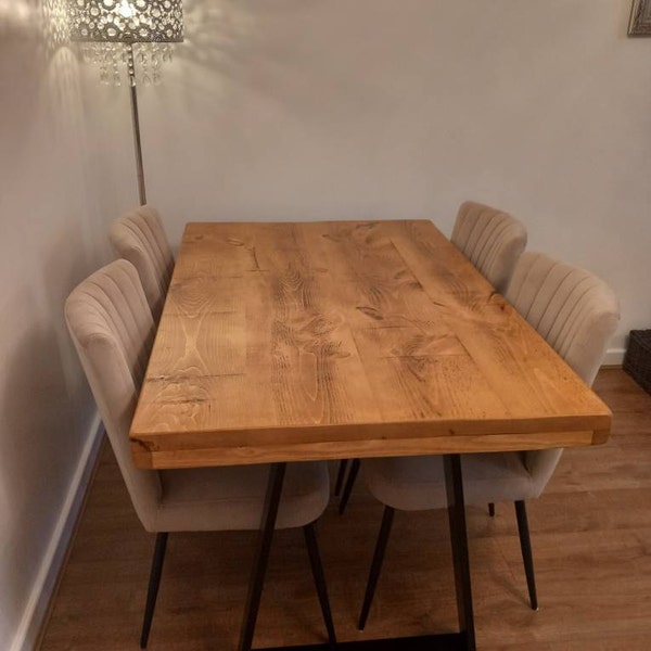 HARDWOOD Solid Oak Chamfered Edge Dining Table With Steel CHUNKY SQUARE ...