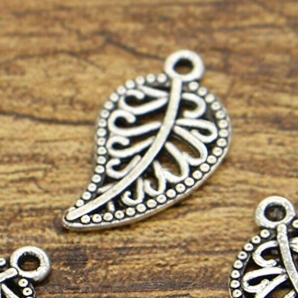50pcs Leaf Charms Tree Leaves Charms 2 Sided Charm Antique Silver Tone ...