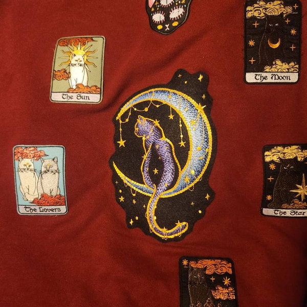 Embroidered Iron on Patches Cat Tarot Cards Moon Sun Star Emperor ...