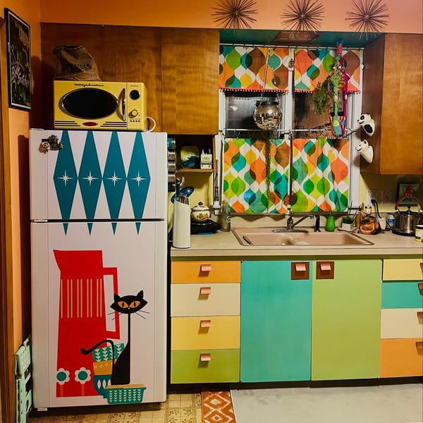 Orange Mid Century Modern Teal Atomic Cat Pot Refrigerator Fridge ...