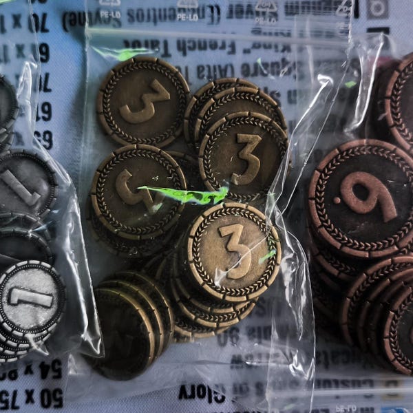 Set of Silver, Gold and Bronze 7 Wonders Metal Coins of Value 1, 3, 6 ...