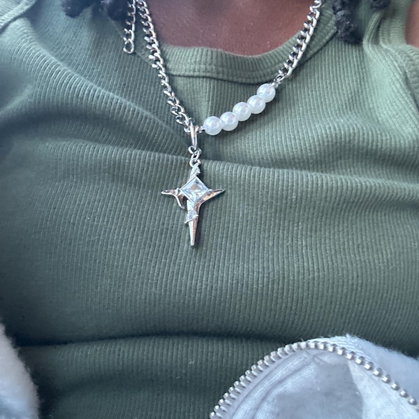 Silver Moonstone Gothic Style Y2k Chain Necklace, Green Gem Stone ...