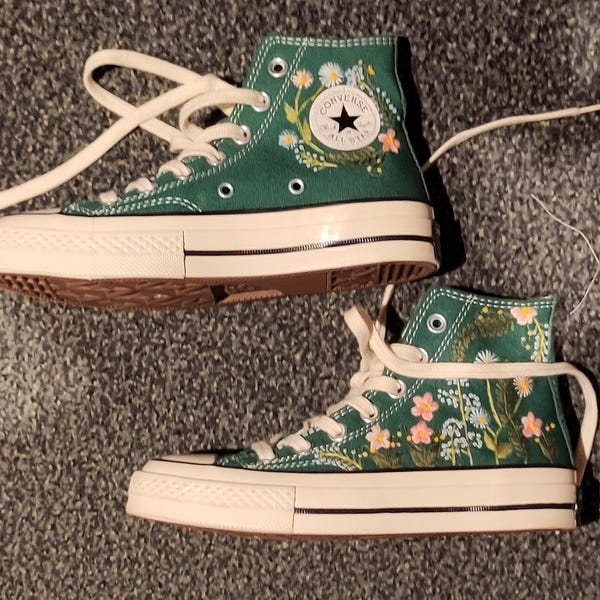 Embroidered Converse, Flower Embroidered Shoes for Women, Green ...
