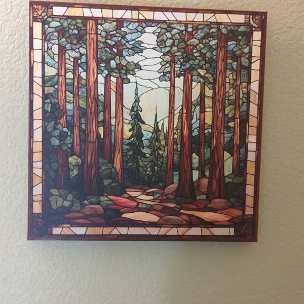Enchanted Forest - Stained Glass Canvas Art of Majestic Trees - Faux ...