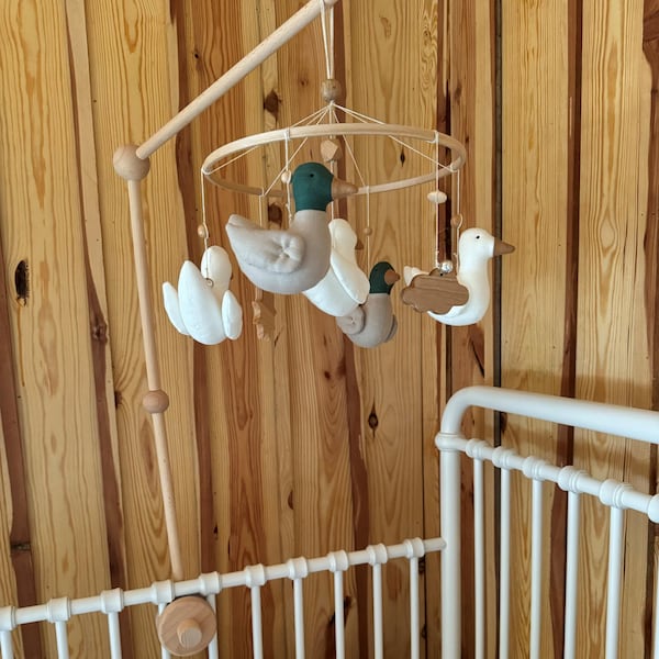 Wooden Mobile With Ducks for Newborn, Linen Toys, Green, Beige , White ...