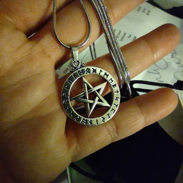 Pentacle in Circle of Runes, Necklace or Earrings, Pentagram Star Pagan ...