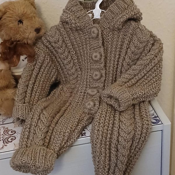 BABY ROMPER Knitting Pattern Baby All in One Hooded Sleepsuit Jumpsuit ...
