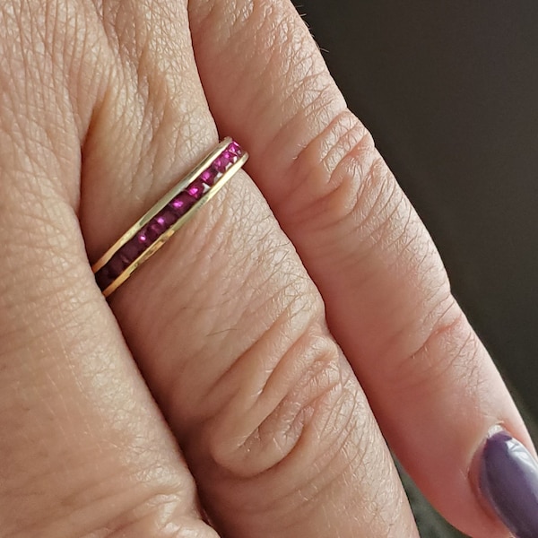 Lab Created Ruby Wedding Band Ring 14K Yellow Gold Princess Cut Ruby ...