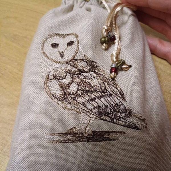 Embroidered Natural Barn Owl Drawstring Bag, Handmade, Silk Lined - Etsy