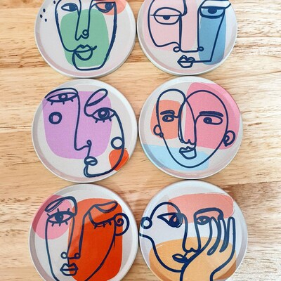 Coasters Unique Coaster Set Abstract Faces Art Coasters Drink Coasters ...