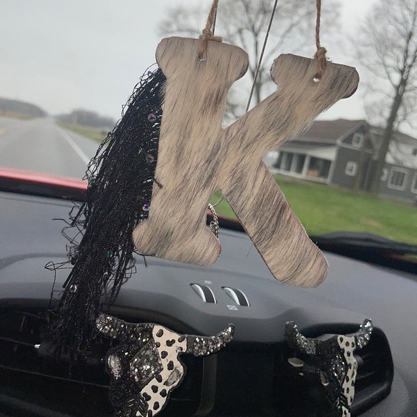 Custom Genuine Cowhide Western Rear View Mirror Hangers and Initial Car ...