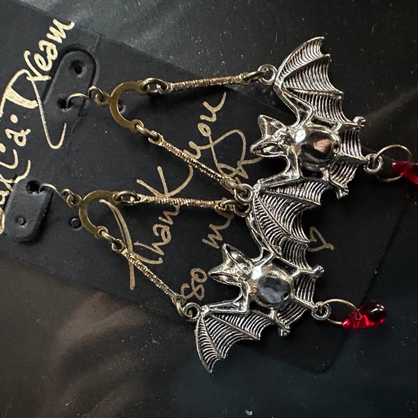 VAMPIRE BADDIES: Vampire Bat Earrings + Blood Drops • Brass/silver ...