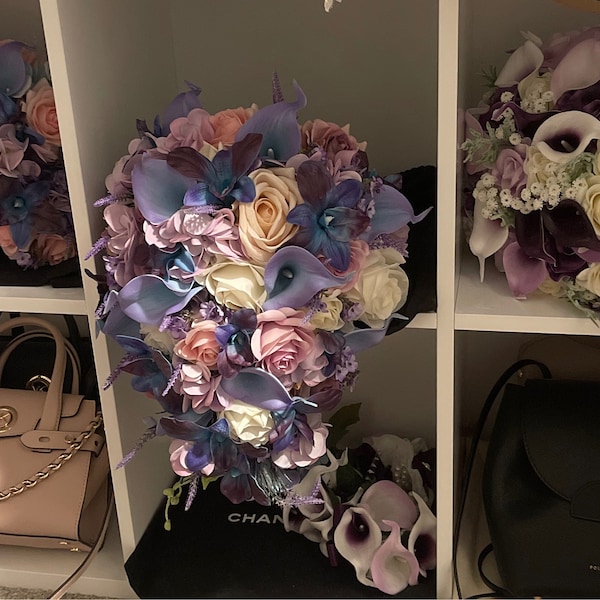 Fake Flowers Cascading Bouquet, Purple Lavender Lilac Calla Lilies Plum ...
