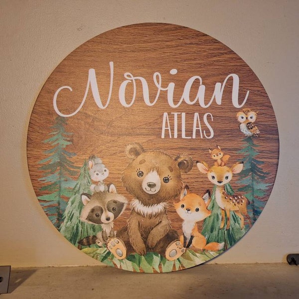 Woodland Animal Name Sign, Woodland Nursery Baby Sign, Round Wood Name ...