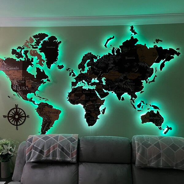 3D LED RGB Map of the World, Neon Map Wall, 3D Wooden World Map ...