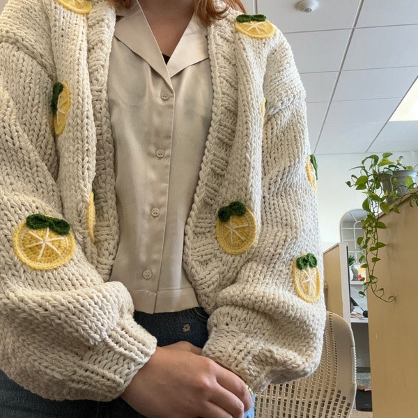 Lemon Embroidery Sweater, Woman Trendy Cardigan, Slice Oversized Crop ...