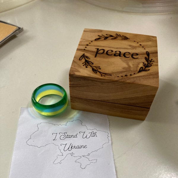 Handmade Ukraine Flag Resin Ring | Personalized Engraved Wooden Box ...