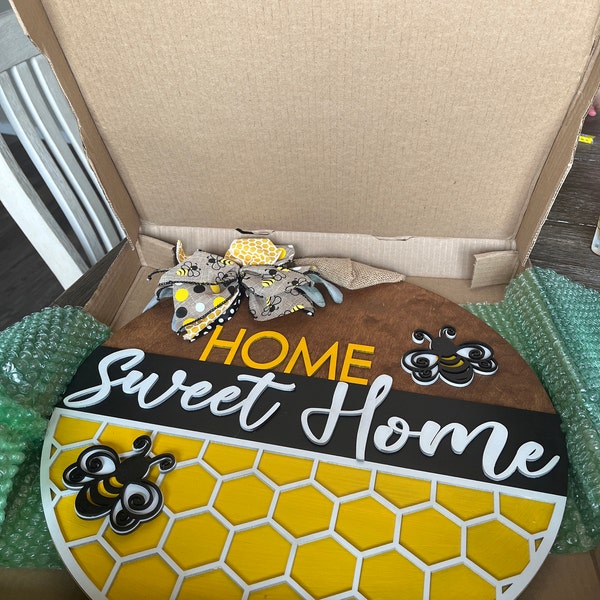 Front Door Decor, Home Sweet Home With Bees, Door Hanger, Bee Lover ...