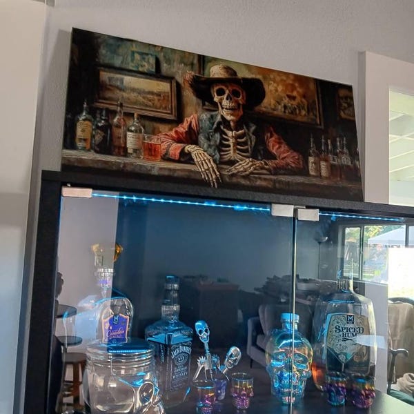 Skeleton Cowboy Barman at Western Saloon Wall Art, Wild West Canvas ...