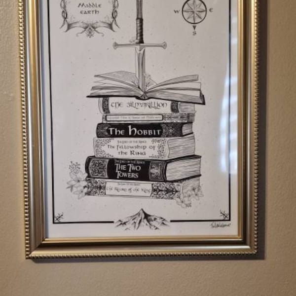 Tolkien Inspired Hand Drawn Book Stack Illustration Print // Lotr ...
