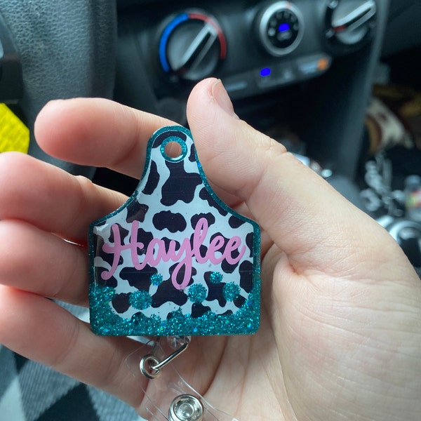 Cow Tag With Turquoise Glitter, Personalized Interchangeable Badge ...