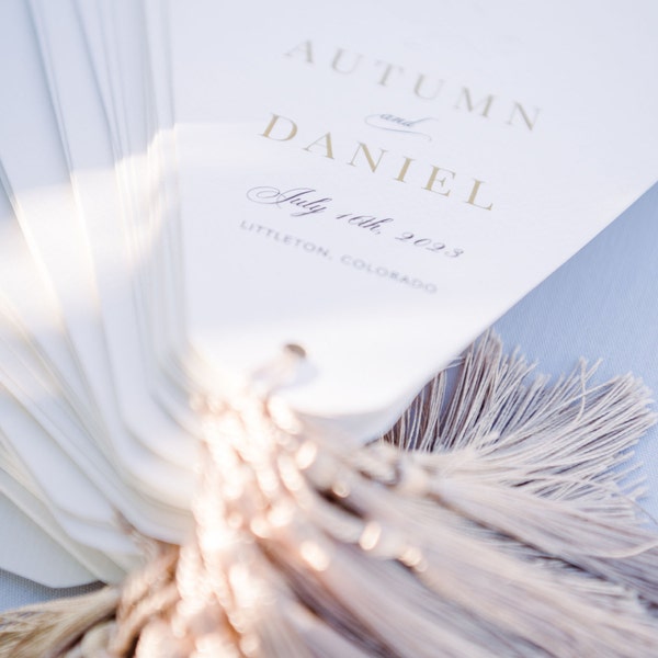 Debossed Olive Minimal Wedding Fan Program With Silky Tassels, Assembled Hand Fans for Wedding ...