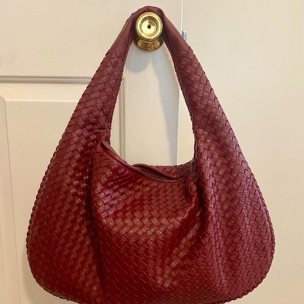 Large Burgundy Shoulder Bag for Women Cherry Red Vegan Leather Woven ...