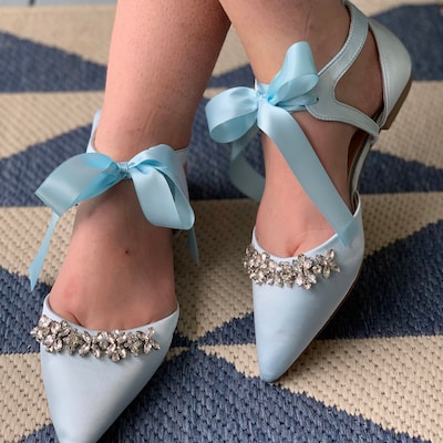 Light Blue Satin Pointy Toe Flats With FLORAL RHINESTONES and Satin Tie ...