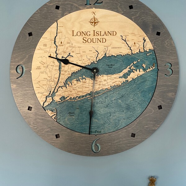 Long Island Sound 3D Nautical Map Wall Clock, Large Wall Clock, Coastal ...