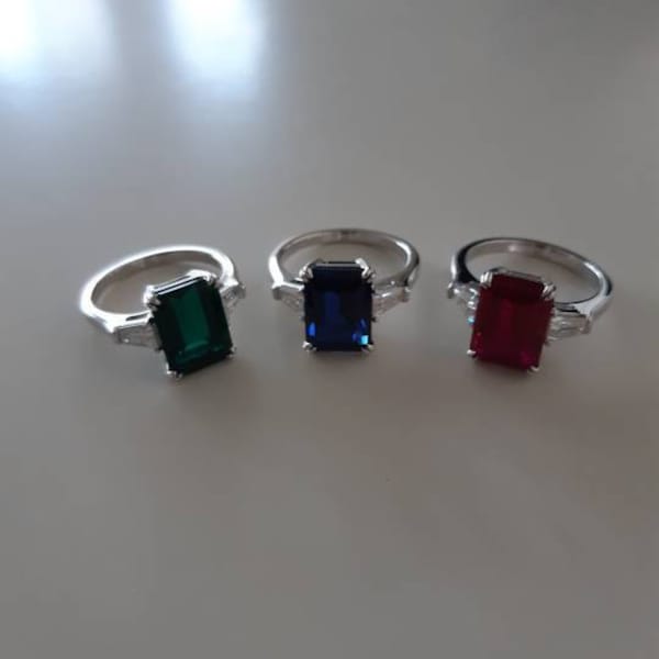 Emerald Cut Lab Created Ruby Engagement Ring for Women, Wedding Ring ...