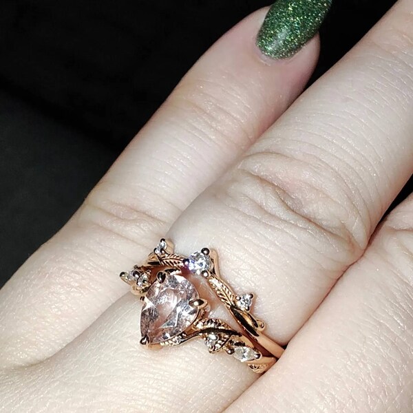 Unique Pear Shaped Pink Morganite Engagement Ring Set Solid 14k Rose ...