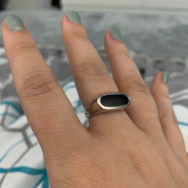 Silver Signet Ring, Black Onyx Ring, Flat Silver Ring, Inlay Onyx Ring, Silver Bar Ring, Unisex ...