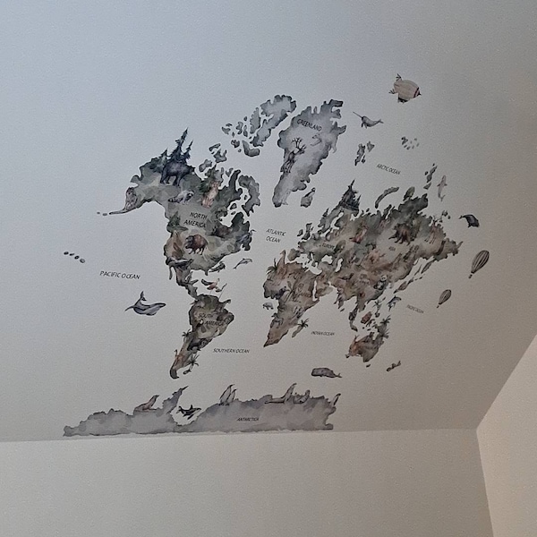 World Map Wall Decal, Animal World Map Decal, Kids World Map Decal ...