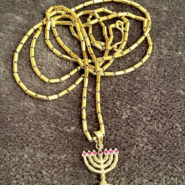 14k Gold Ruby Menorah Pendant, Solid 14k Yellow Gold Jewish Pendant ...