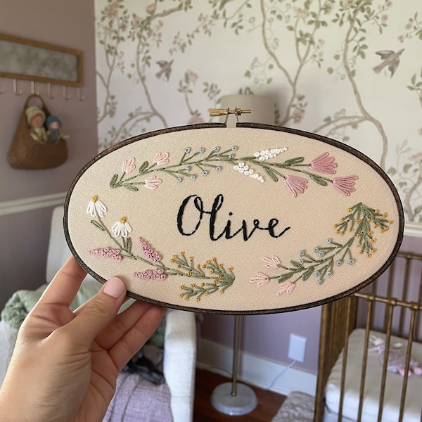 Custom Name Embroidery Hoop: Floral Wreath Baby Nursery Art - Etsy