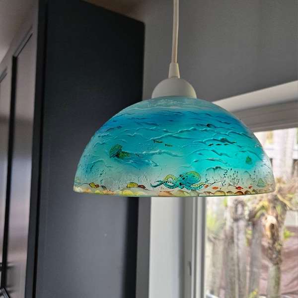 Pendant Light Tropical Style Fixture Stained Glass Hand Painted Beach ...