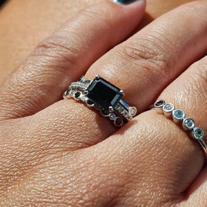 Black Engagement Ring, Square Black Natural Diamond, Three Sided Band ...