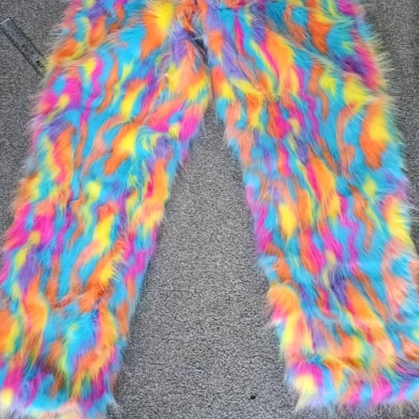 Psychedelic Faux Fur Trousers 70s Joggers Neon Playa Rave Pants Fluffy ...
