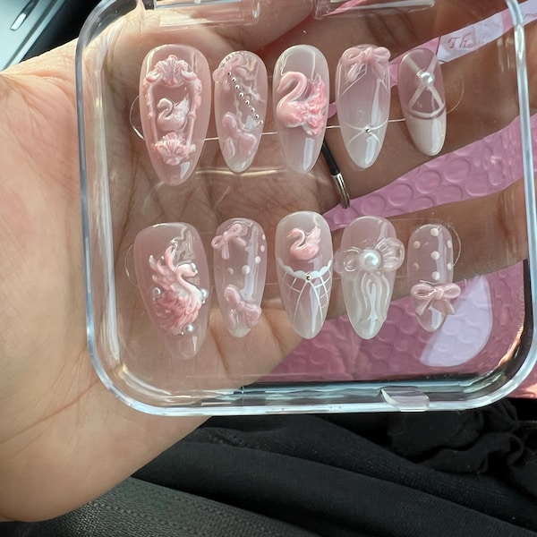 Swan Lake Press-on Nails – Romantic Set With 3D Swan Sculptures, Corset ...