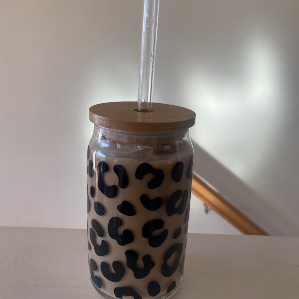 Leopard Print Iced Coffee Cup 16oz Glass Soda Can Reusable Cup With ...