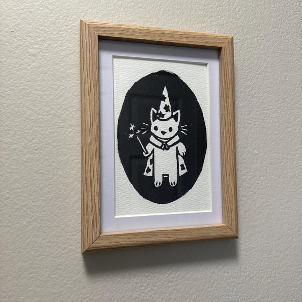 Magical Wizard Cat Linocut Block Print | 4 X 6 Mini Print | Printmaking ...