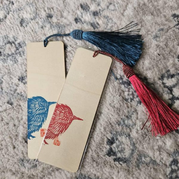 Wren Linocut Bookmark, Handprinted Bookmarks, Chinese Tassel, Book ...